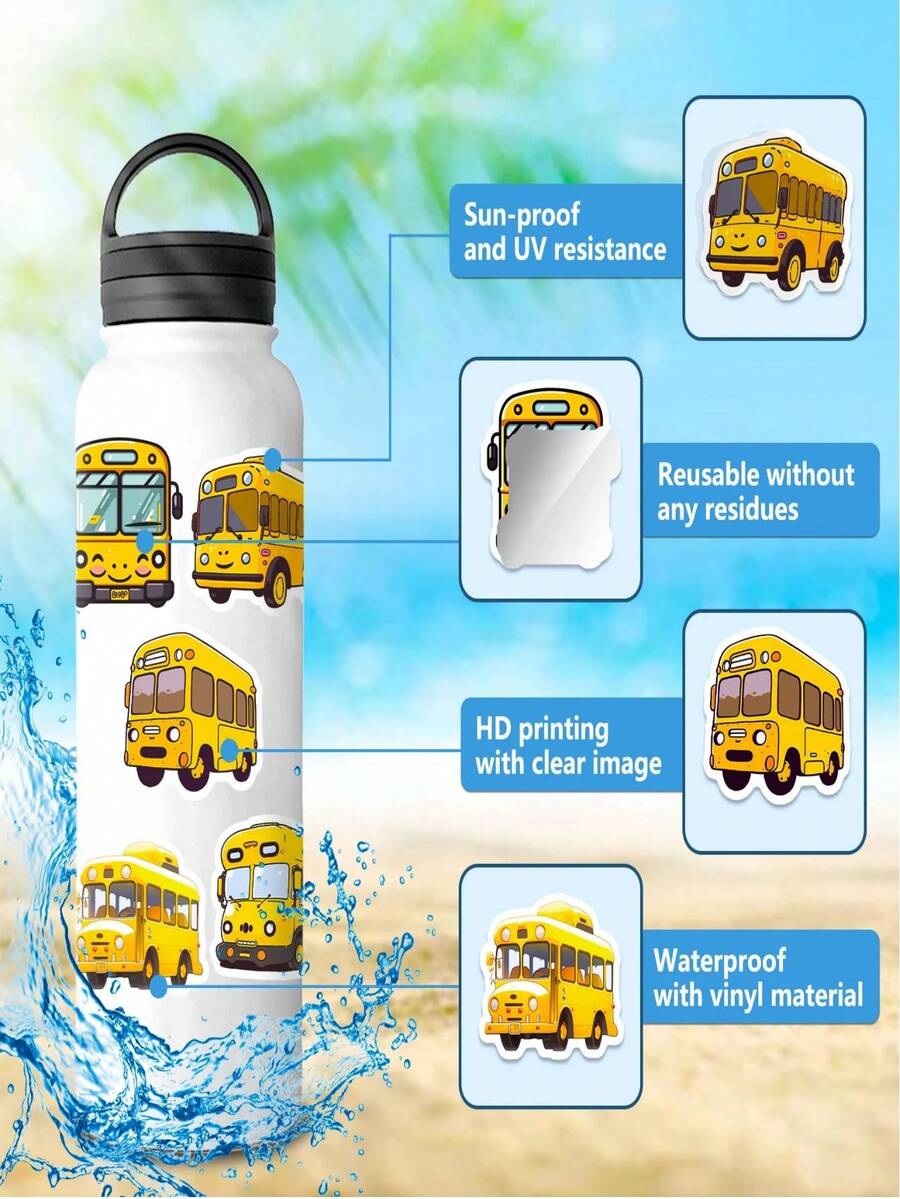 50pcs/Set Cartoon School Bus Stickers, Cute Yellow Bus Graffiti ...