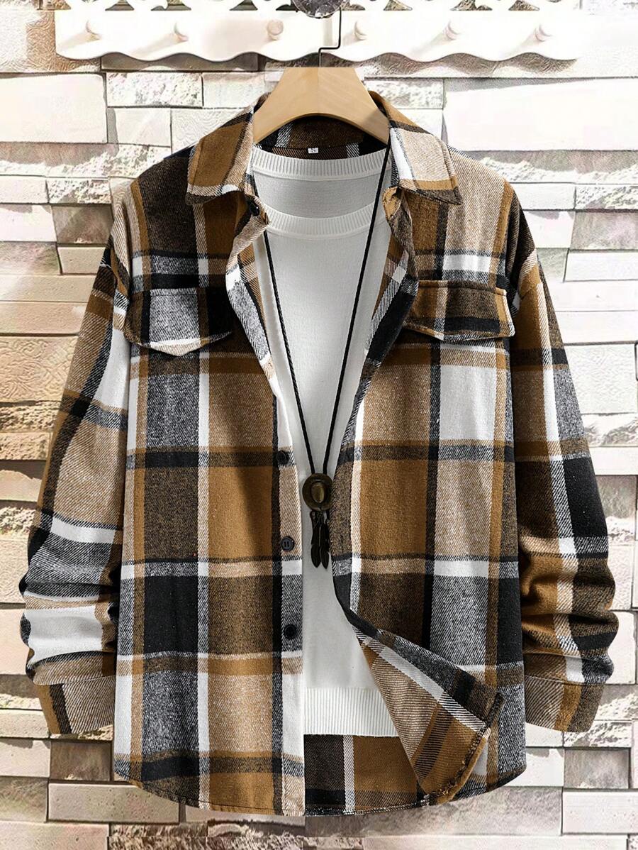 Autumn New Men's Long Sleeve Plaid Shacket | SHEIN USA