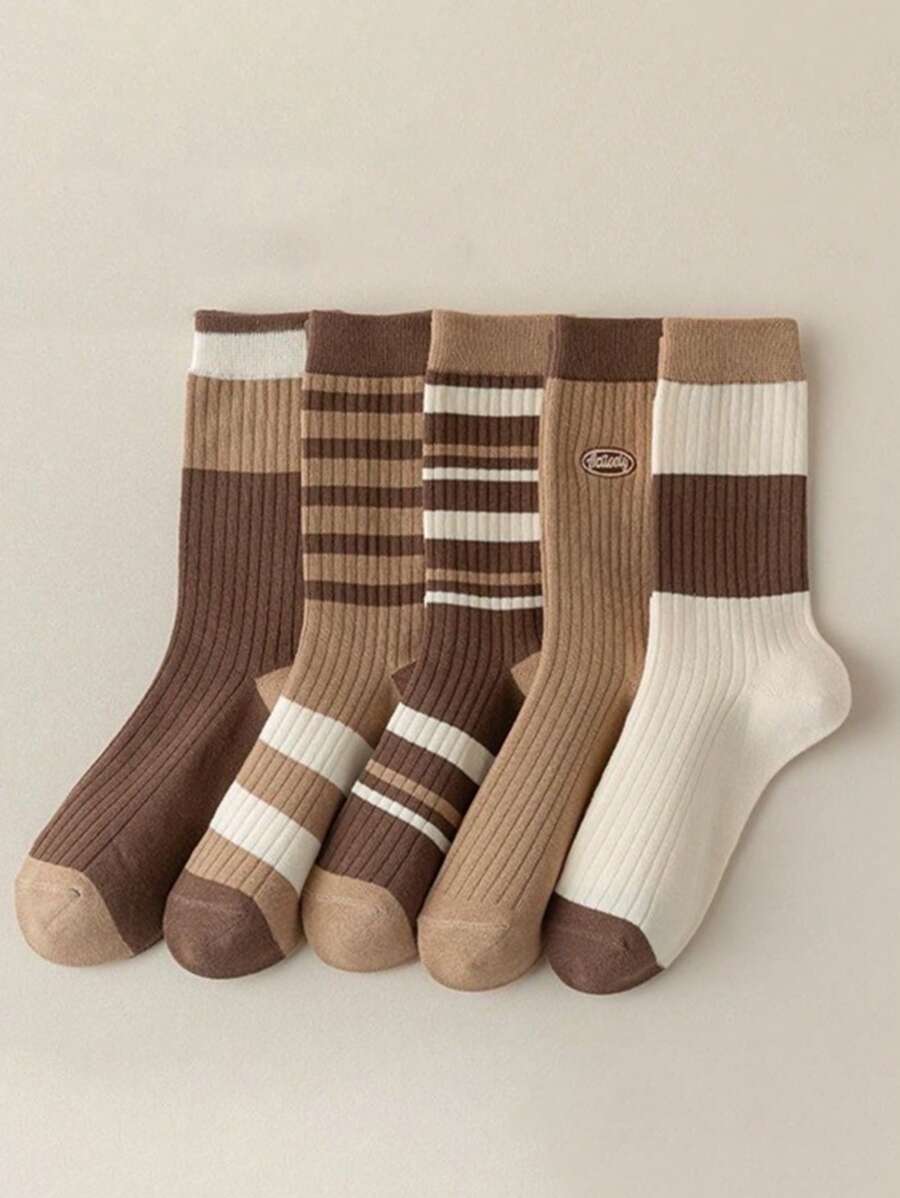 5 Pairs Women's Mulberry Color Simple Casual Long Socks, Fall/Winter ...