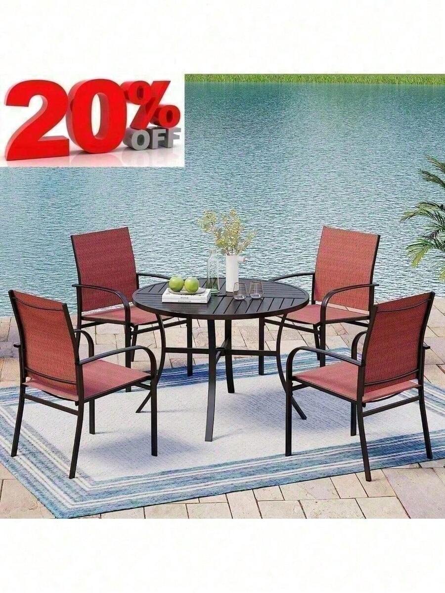 5-Piece Outdoor Patio Dining Set 42" Round Table With Umbrella Hole 4 ...