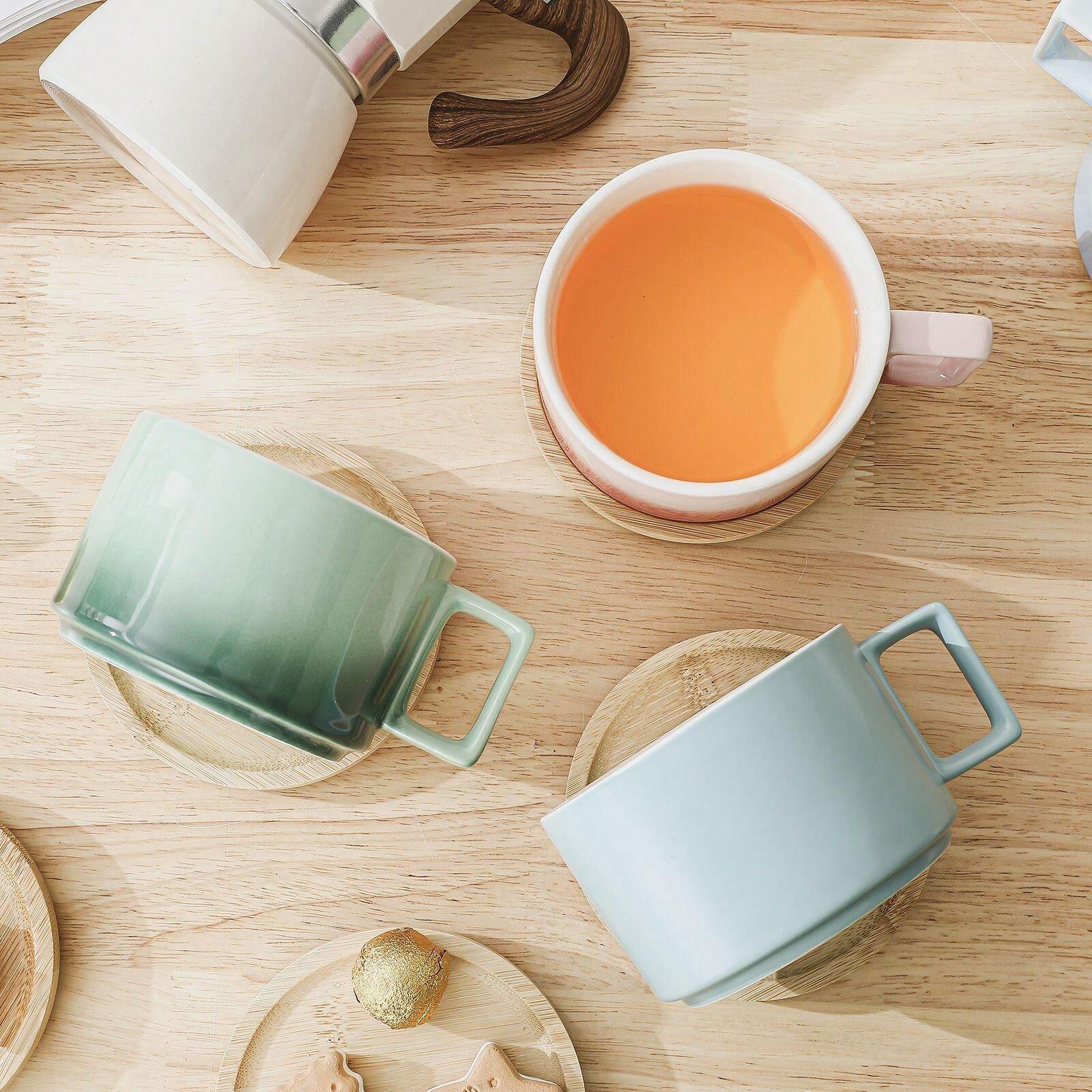 Home Porcelain Cappuccino Cup With Wooden Saucer, 10.5oz Demitasse Cups ...