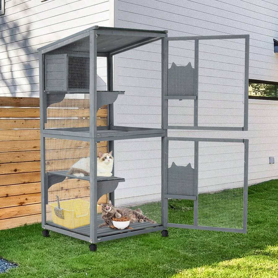 Large 2-Tier Outdoor Cat House, Small Animal Enclosure With 2 Lockable ...