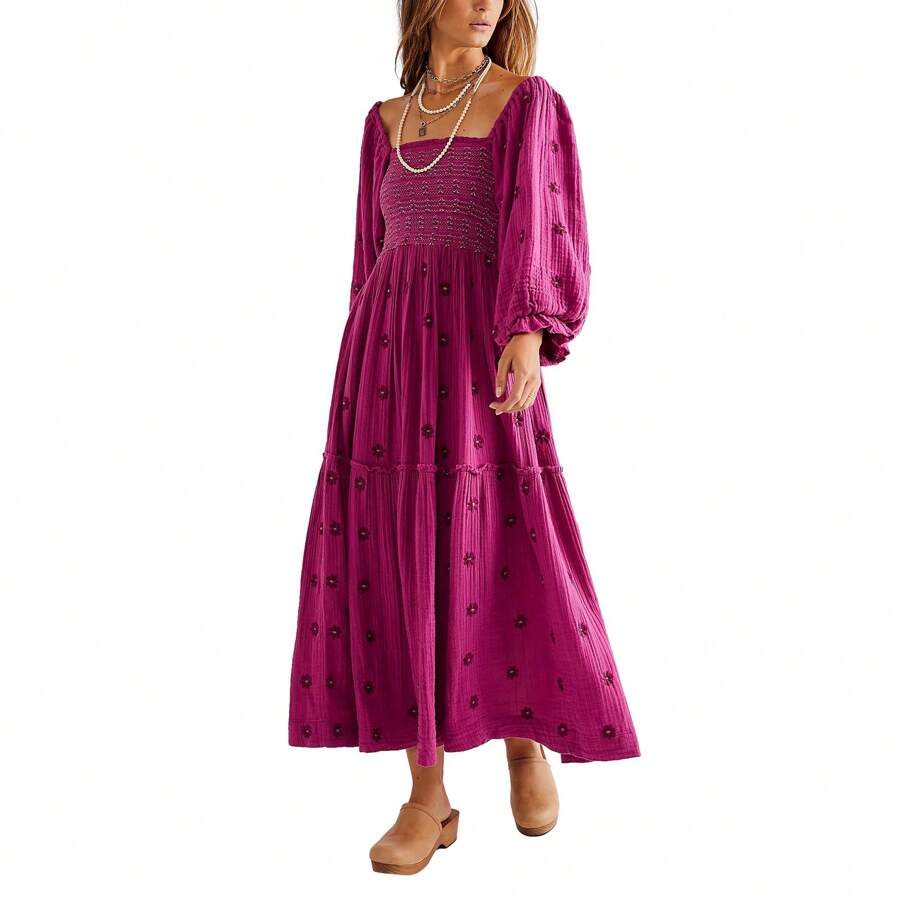 Women Floral Embroidered Maxi Dress Long Puff Sleeve Square Neck ...