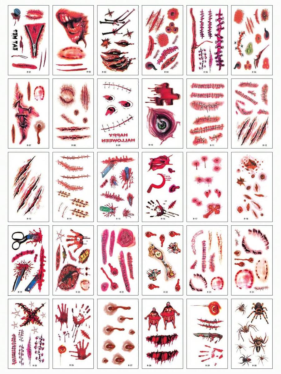 (Set Of 30) Halloween Scar, Wound, Bloody Handprint, Spider Web ...