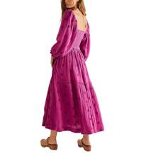 Women Floral Embroidered Maxi Dress Long Puff Sleeve Square Neck ...
