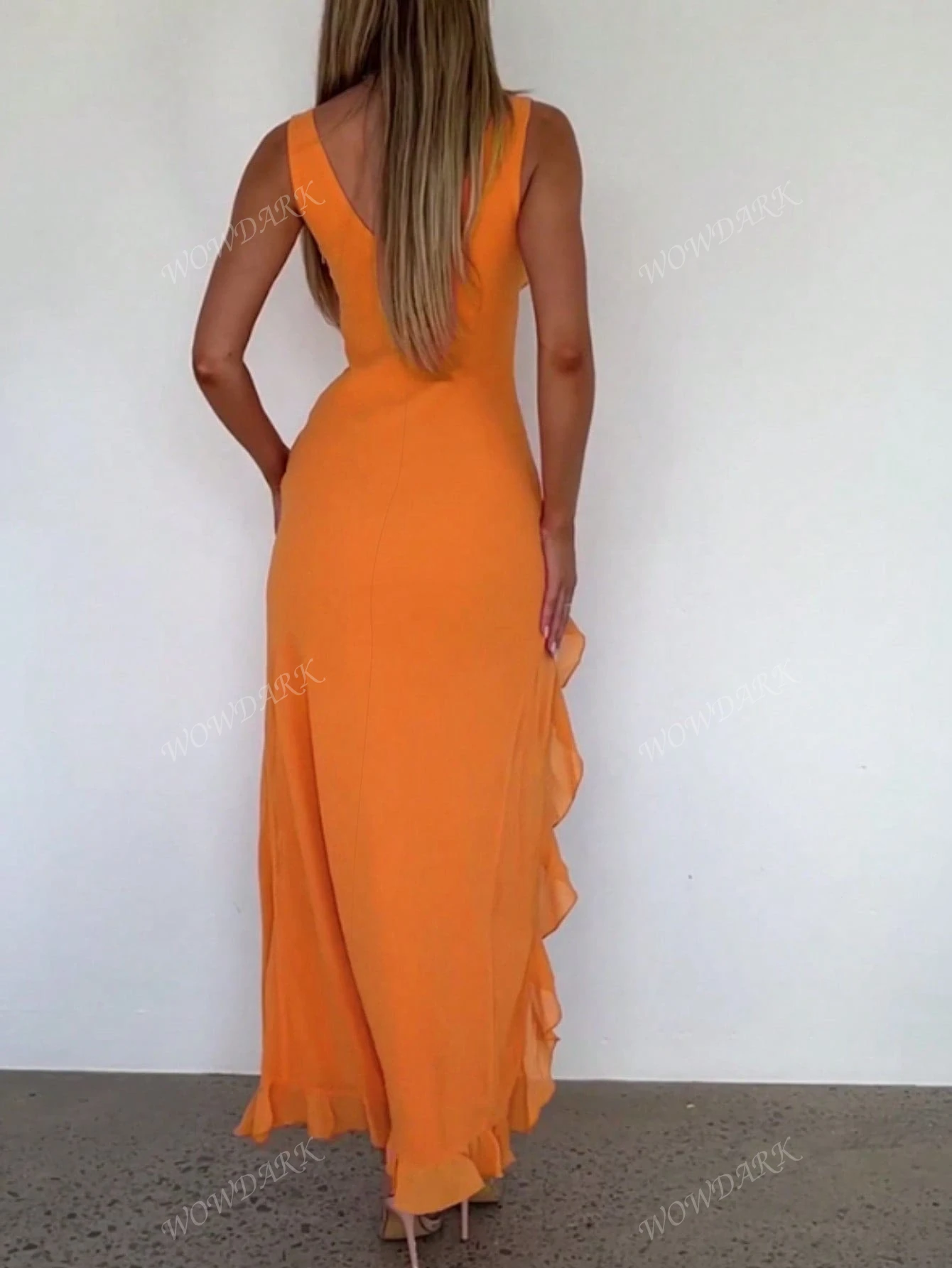 Women Summer Solid Color V Neck Ruffle Hem Split Hem Dress Elegant