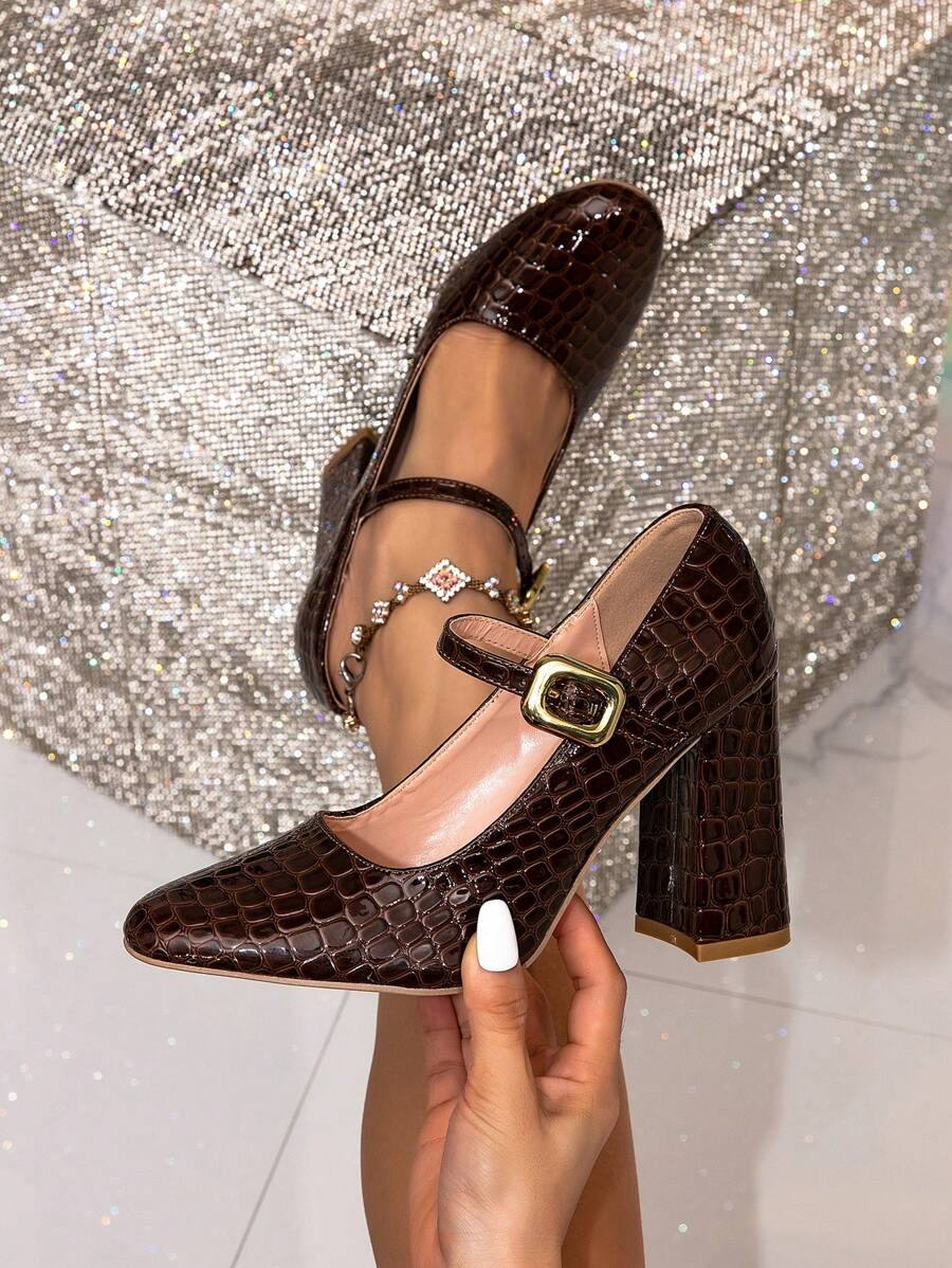 Women's Pointed Toe Stone Texture Block Heel Pump Slip-On Casual High ...