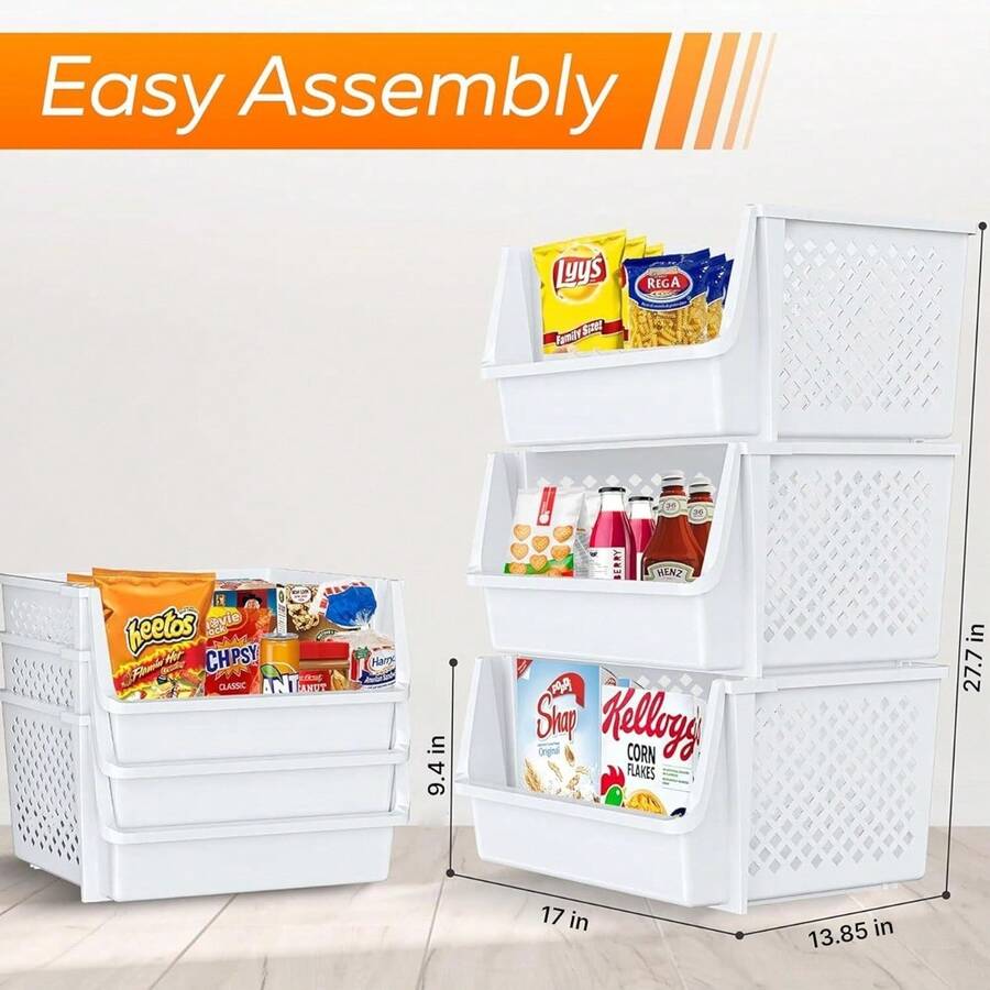 Large Plastic Stackable Storage Bins For Pantry, White - 3-Pack ...