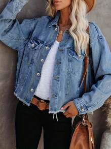 Women's Jean Jacket Frayed Washed Button Up Cropped Denim Jacket With ...