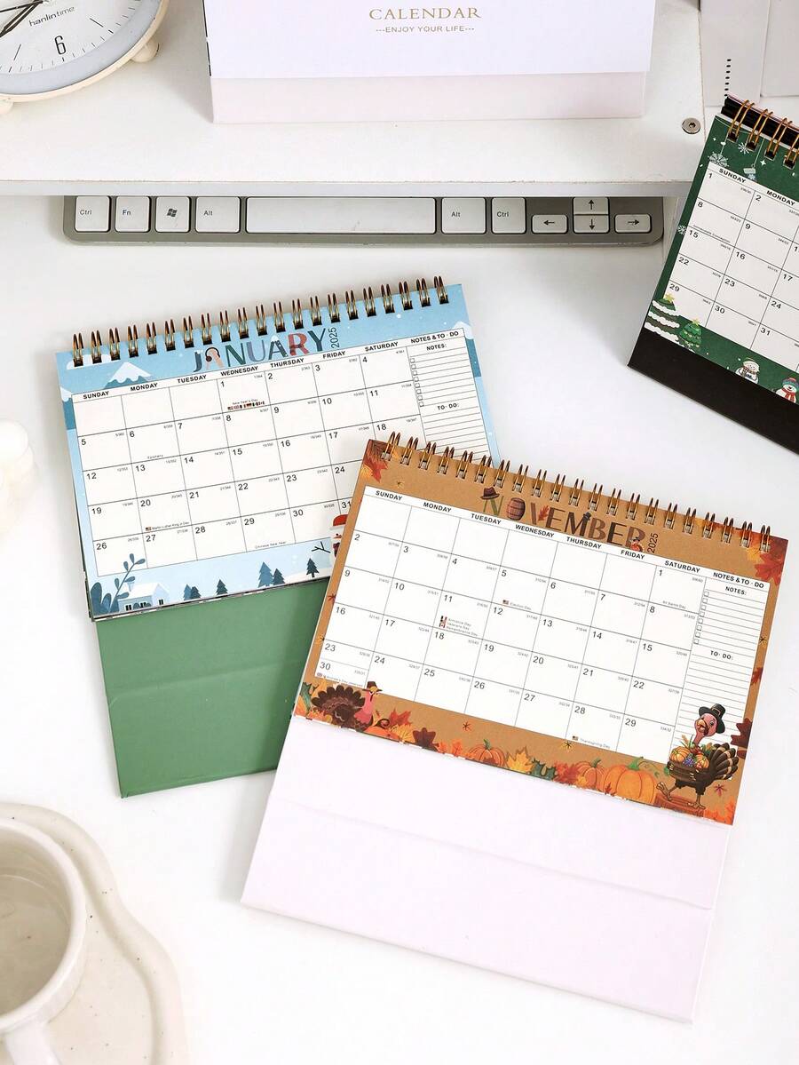 1pc Solid Color Medium 2025 Desk Calendar - Durable Metal Ring Binding ...