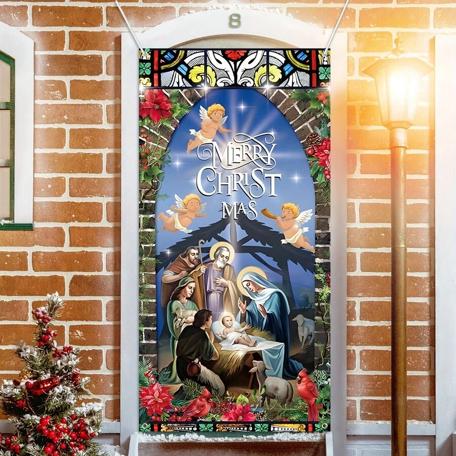 Nativity Christmas Door Cover Decorations Holy Night Christmas Fabric ...