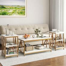 3 Pieces Living Room Table Set, Industrial Coffee Table With 2 Square ...