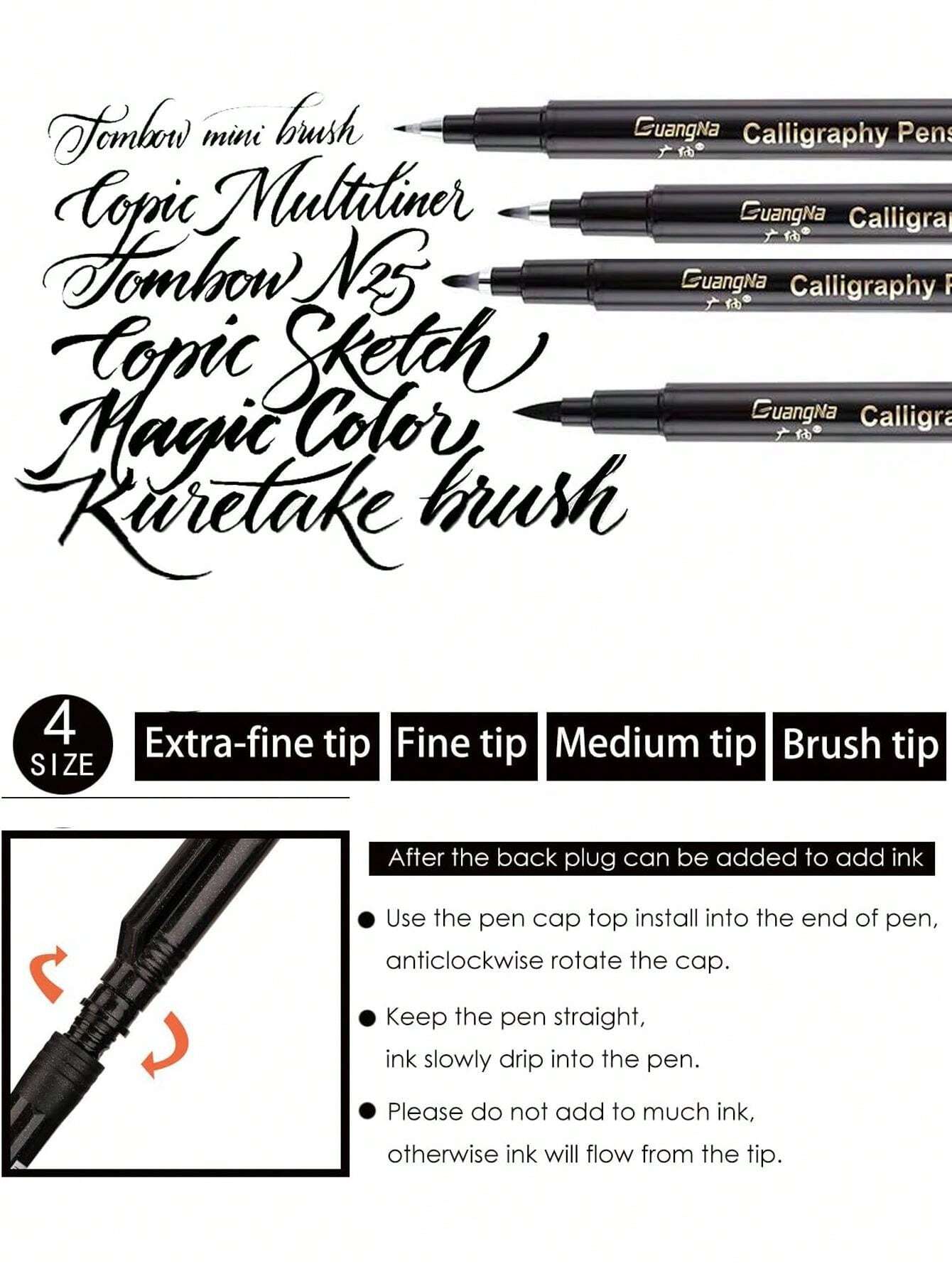 4 Packs Hand Lettering Pens, Refillable Calligraphy Pens Brush Marker ...