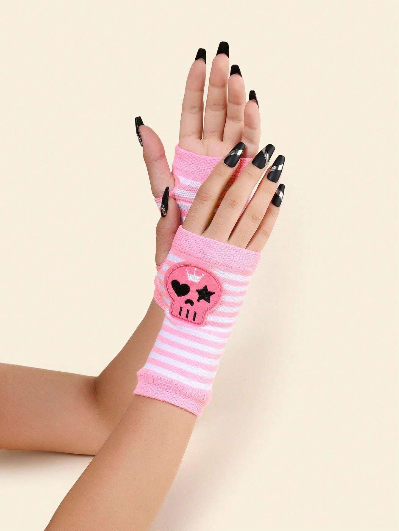 1 Pair Skeleton Embroidered Y2K Baddie Street Pattern Fingerless Gloves ...