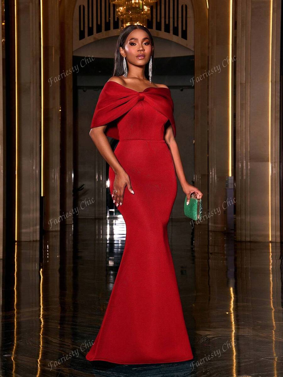 Faeriesty Elegant Bow Detail Off-Shoulder Evening Gown With Streamlined Mermaid Hem Perfet For ...