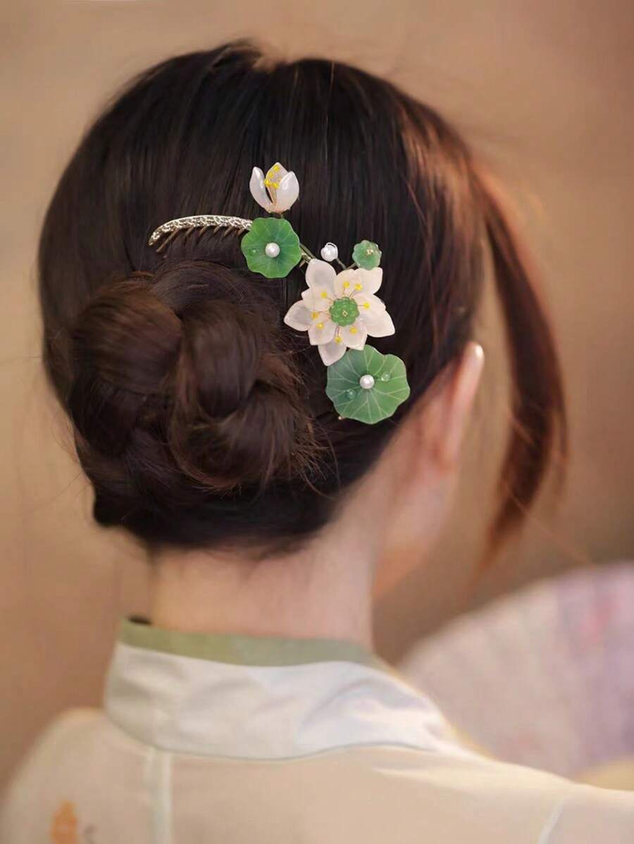 1 New Chinese Green Lotus Metal Flower Spike Hairpin, Bouquet Hairpin ...