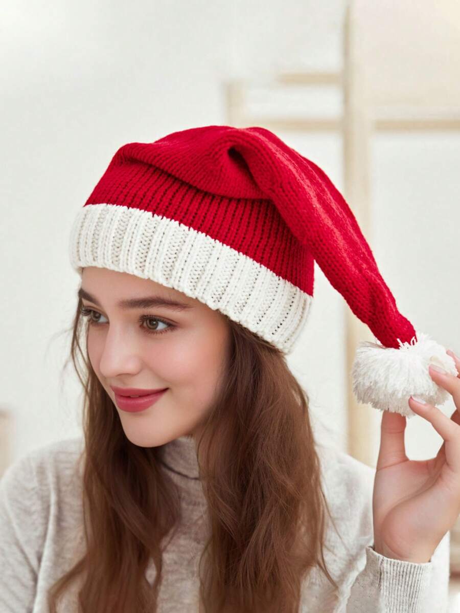 1pc Cute Knitted Santa Claus Hat With Pom Pom - Christmas Gift And ...
