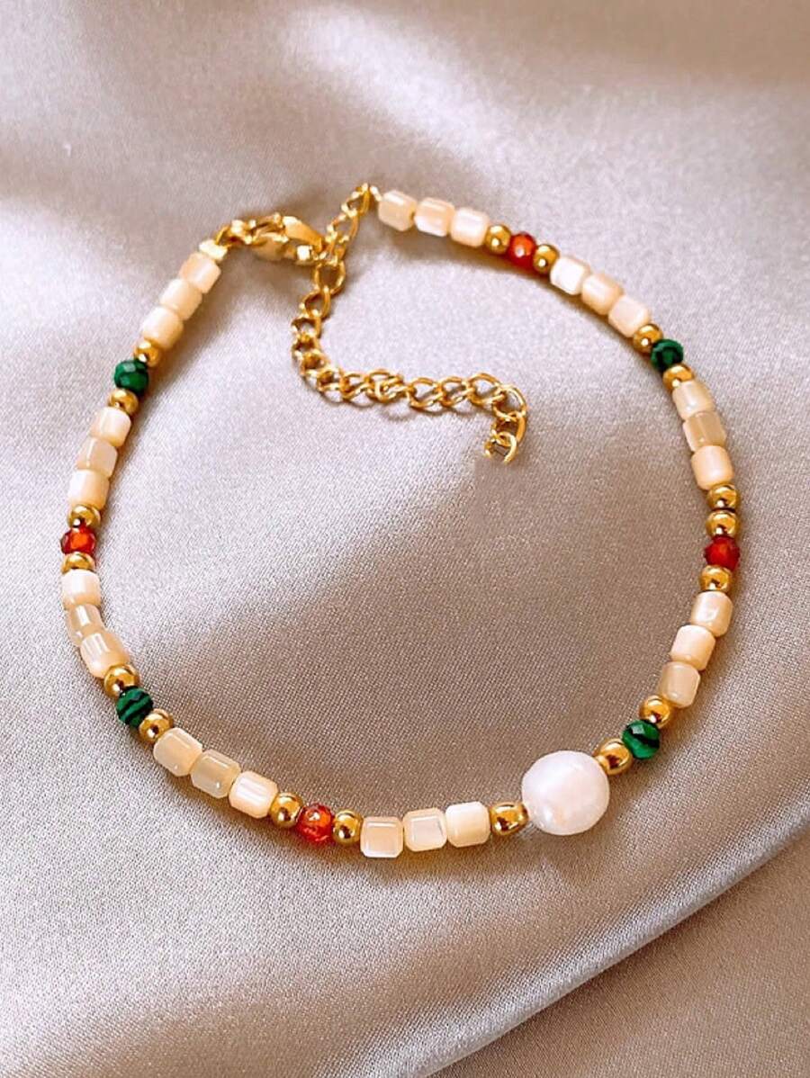 1 Pair Elegant Natural Stone Beaded Bracelet, Elastic Cord Bracelet ...