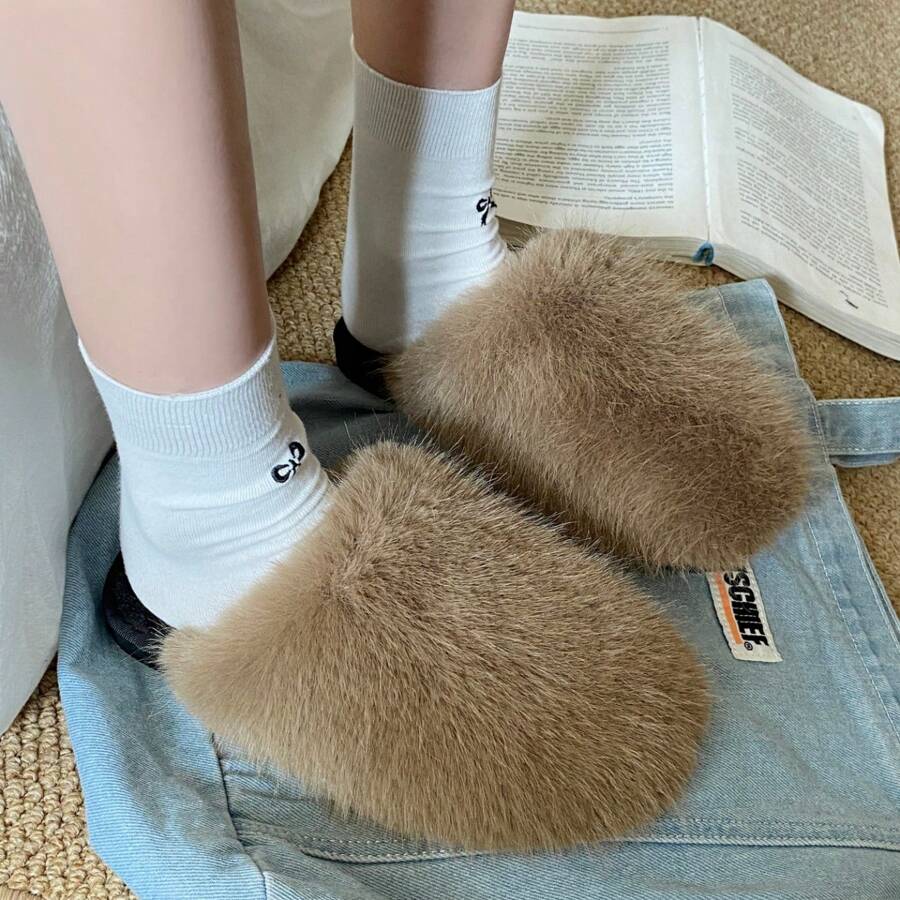 Gentle Style Closed Toe Hairy Slippers For Women Wearing Outside 2024 ...