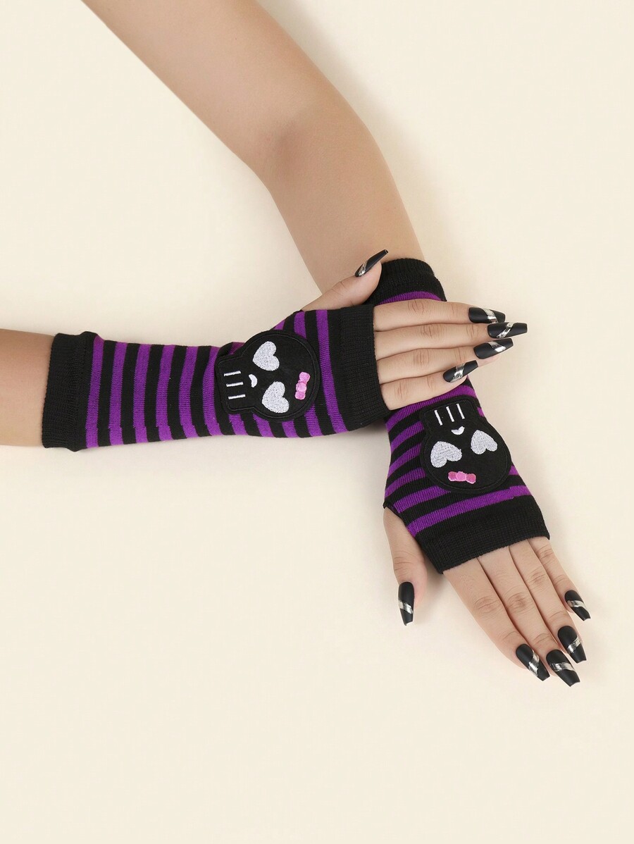1 Pair Skeleton Embroidered Y2K Baddie Street Style Striped Gloves ...