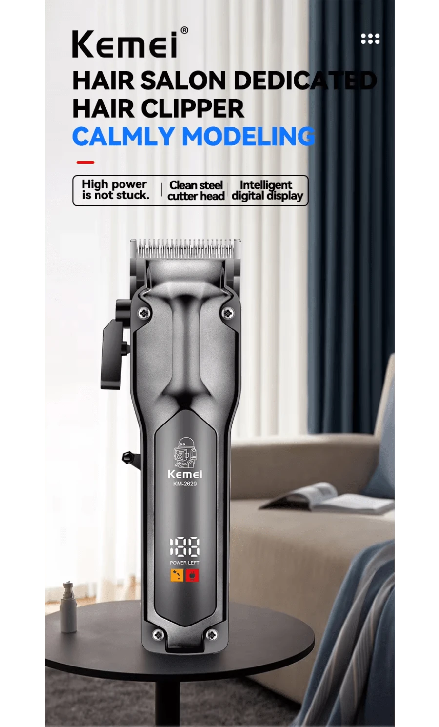 KEMEI Km-2629 New Design Cordless Hair Clipper Digital Display Professional Barber Hair Trimmer ...