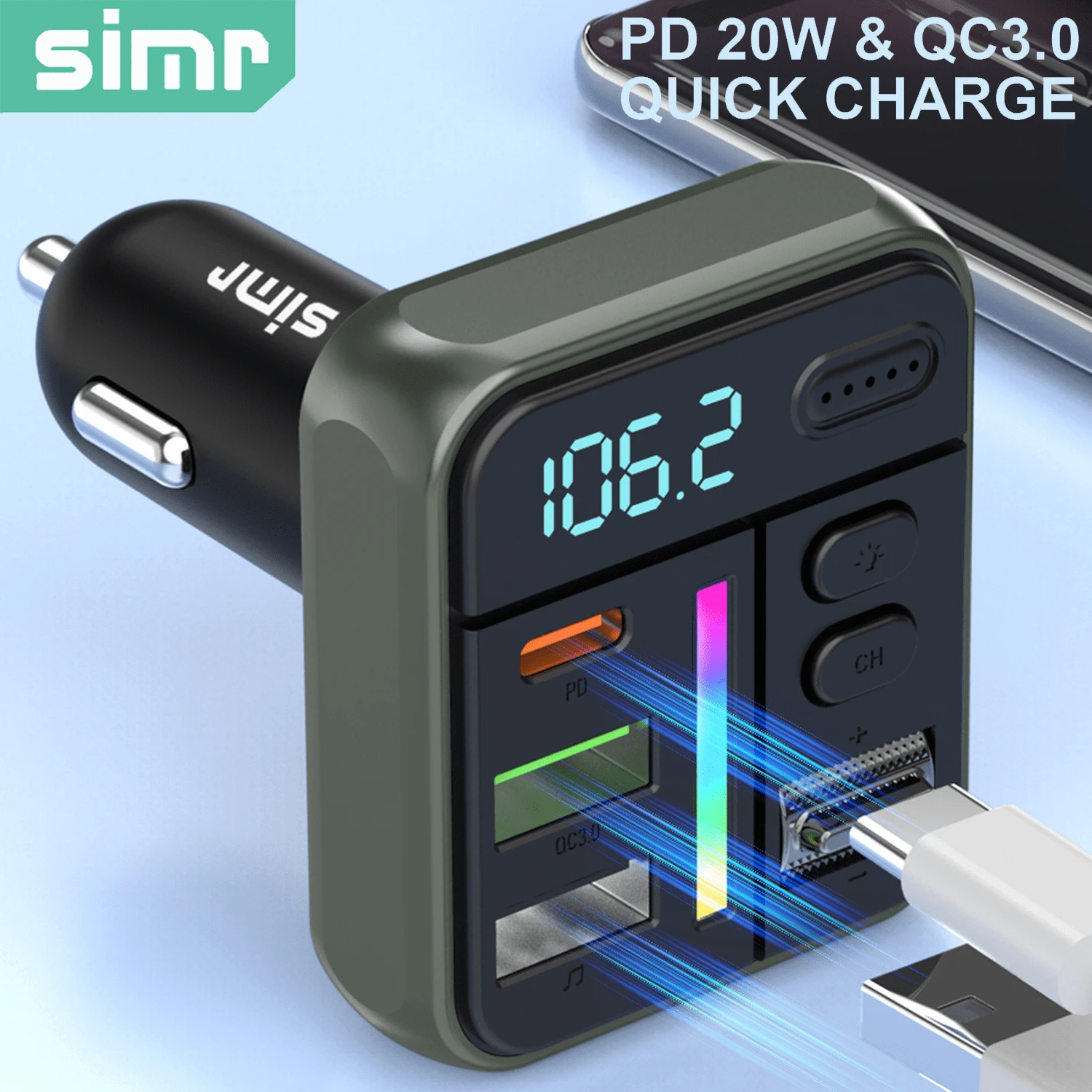 simr Simr QC3.0&PD20W USB Quick Car Charger Wireless Handsfree Call FM ...