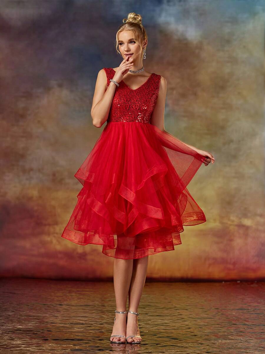 A Line V Neck Sequin Short Organza Skirt Party Dress, Cocktail Semi ...