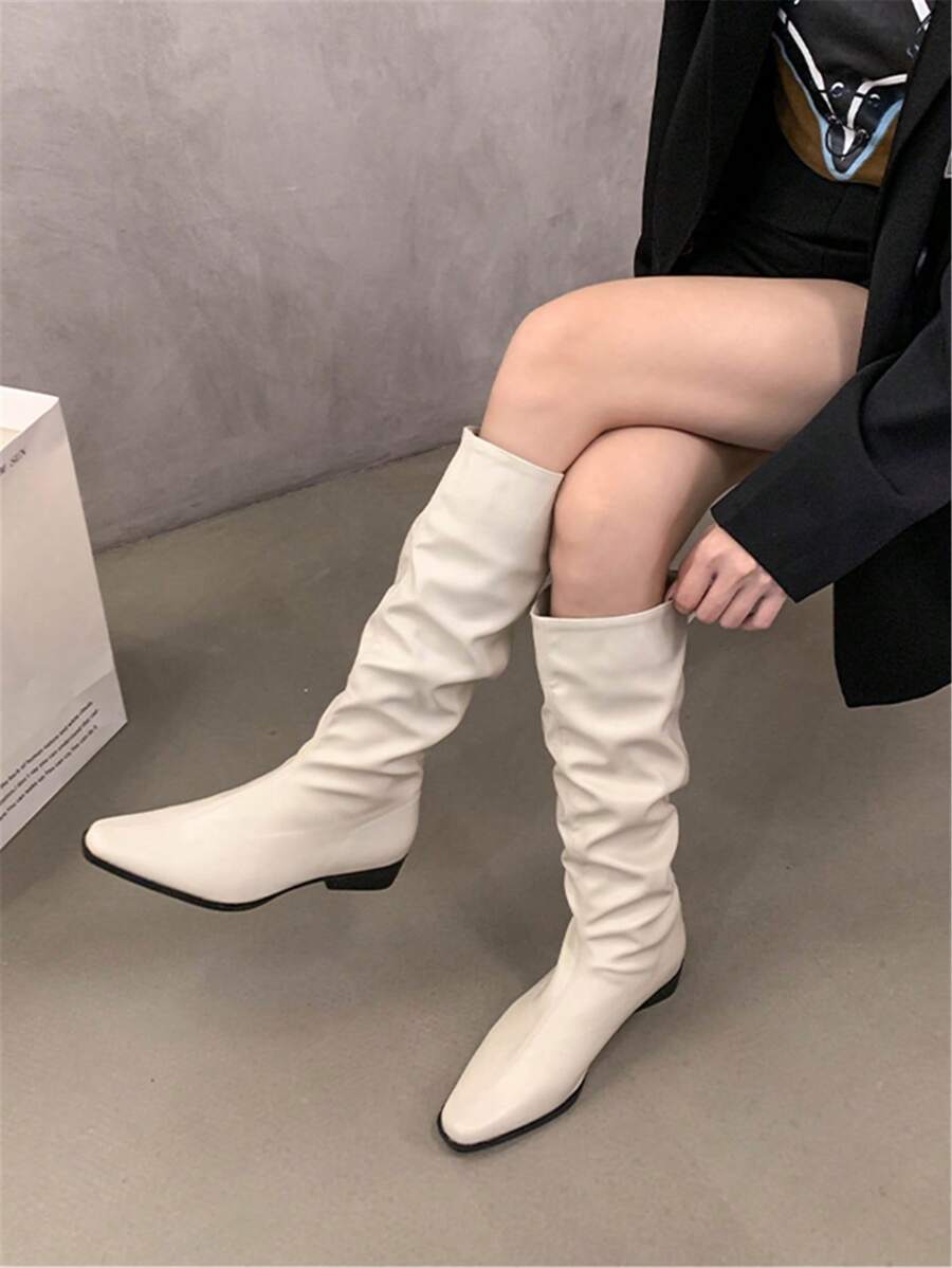 Thick Heel Wrinkly Stacked Knee-High Cowboy Boots For Women, 2024 ...