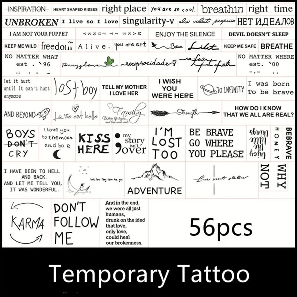 56pcs Waterproof English Letter Temporary Tattoo Stickers, Unisex - A ...