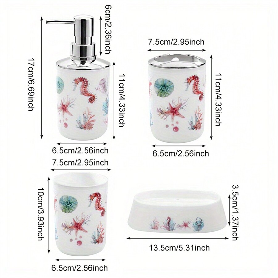Ocean Themed 4 Piece Bathroom Set Plastic Soap Dispenser, Toothbrush ...