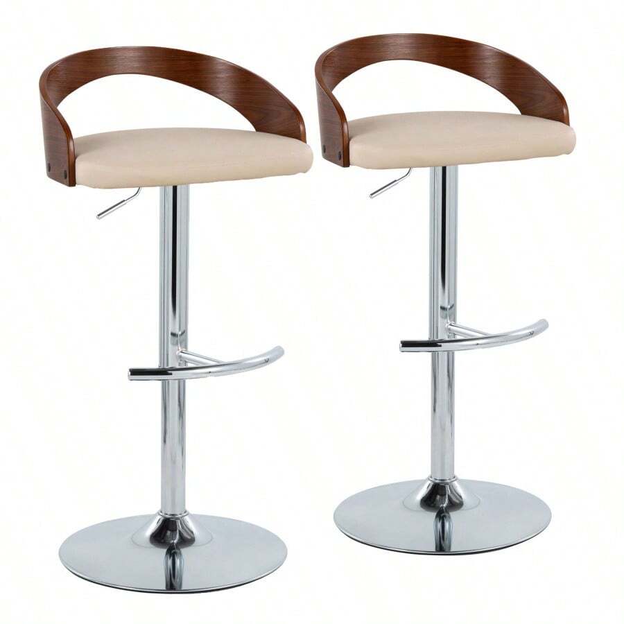 Grotto Contemporary Adjustable Barstool With Swivel In Chrome Metal, Walnut Wood And Cream Faux ...