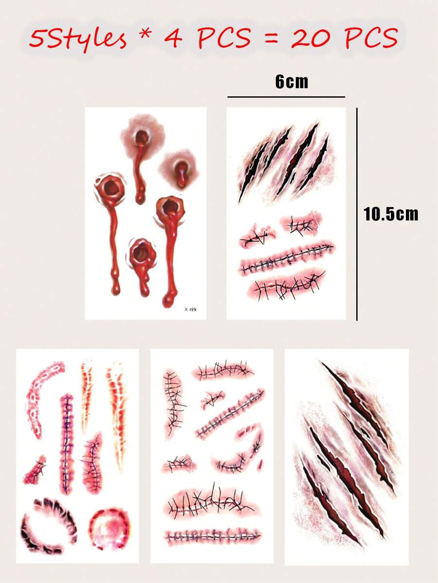 20pcs Halloween Scar, Bite Marks, Stitches Realistic Temporary Tattoos ...