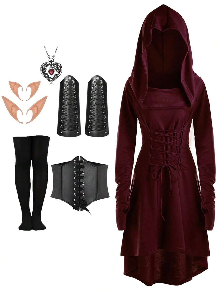 New Retro And Design, Medieval Long Sleeved Hooded Strap Dress Set ...