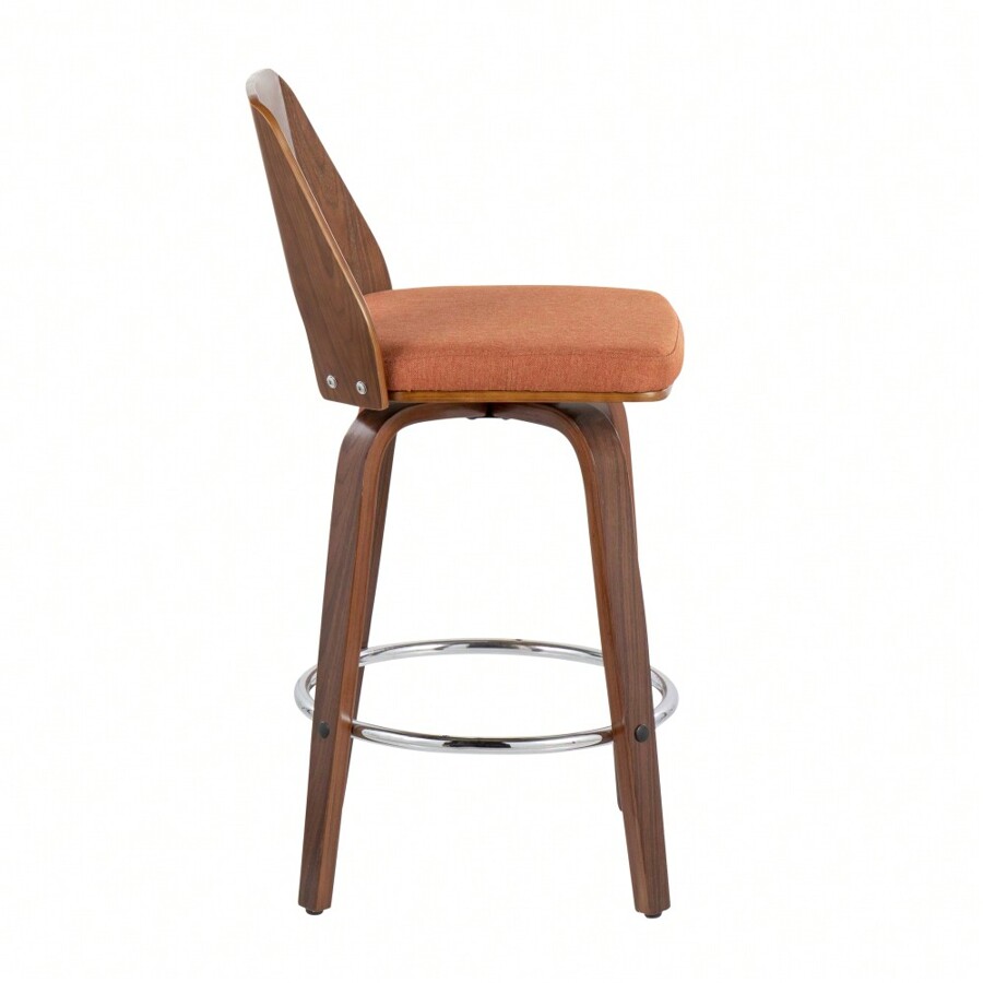 Trilogy Mid-Century Modern Counter Stool In Walnut And Orange Fabric By ...