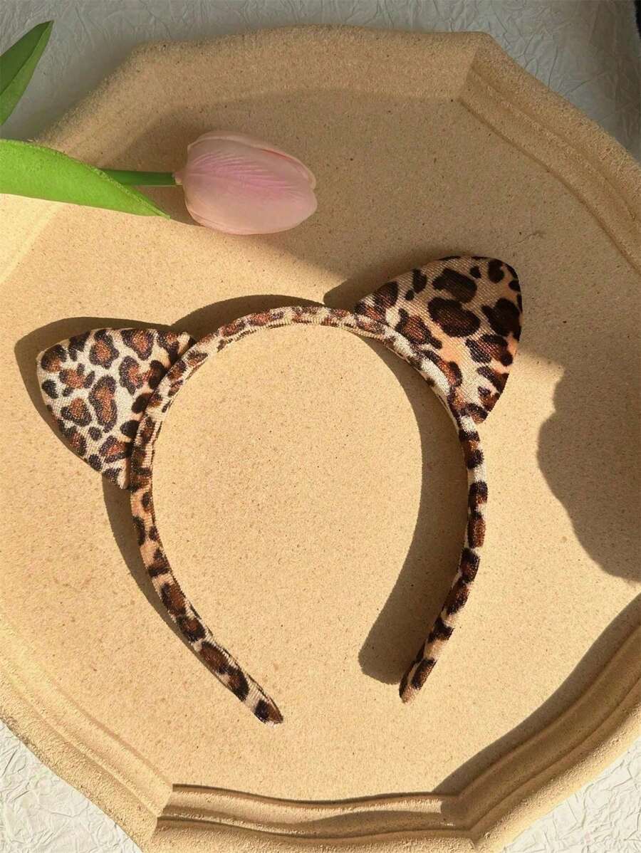 Women's Simple And Elegant Leopard Print Cat Ear Headband For Daily Use ...