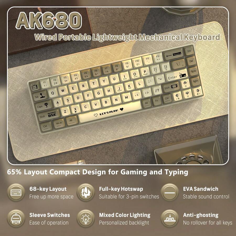 AJAZZ AK680 65% Wired Hotswap Mechanical Keyboard,68-Key Portable Full ...