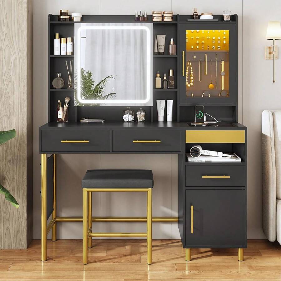 AOGLLATI Makeup Vanity Set With Lights & RGB Jewelry Cabinet, Vanity ...