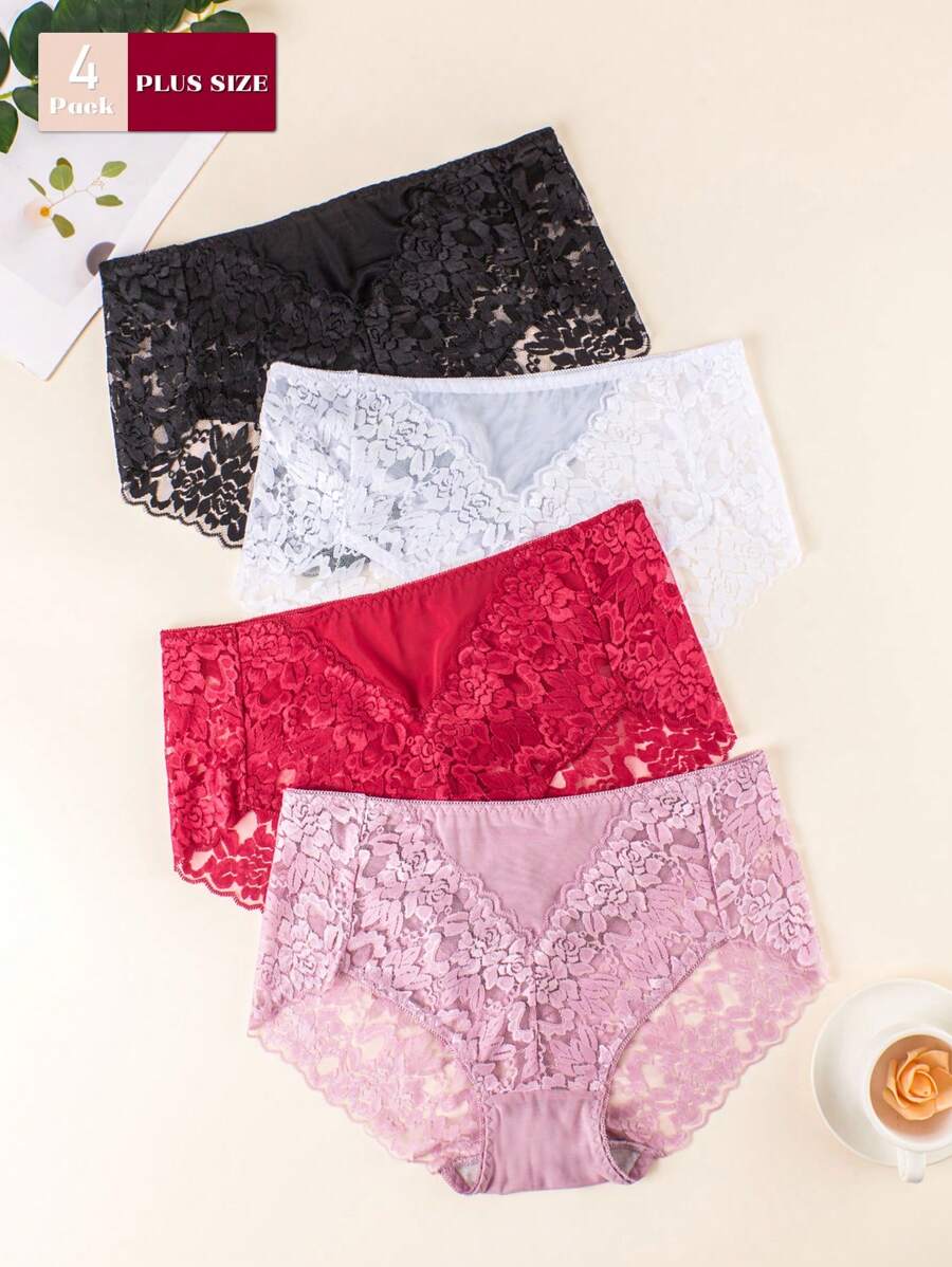 4PCS 1XL-4XL Plus Size Sexy Lace Panties ForWomen Hollow Out Underwear Soft Floral PantiesSexy ...