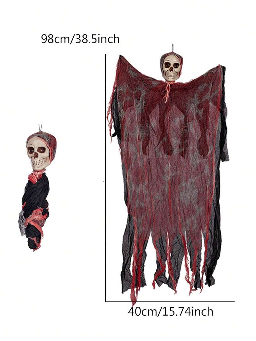 Halloween Hanging Ghost Prop With Bloodstained Skull Head And Red Gauze ...
