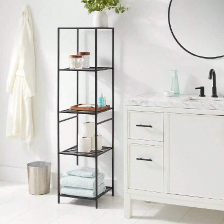 Tall Bath Storage Tower Black Metal : 5-Shelf Organizer, Glass Surfaces ...
