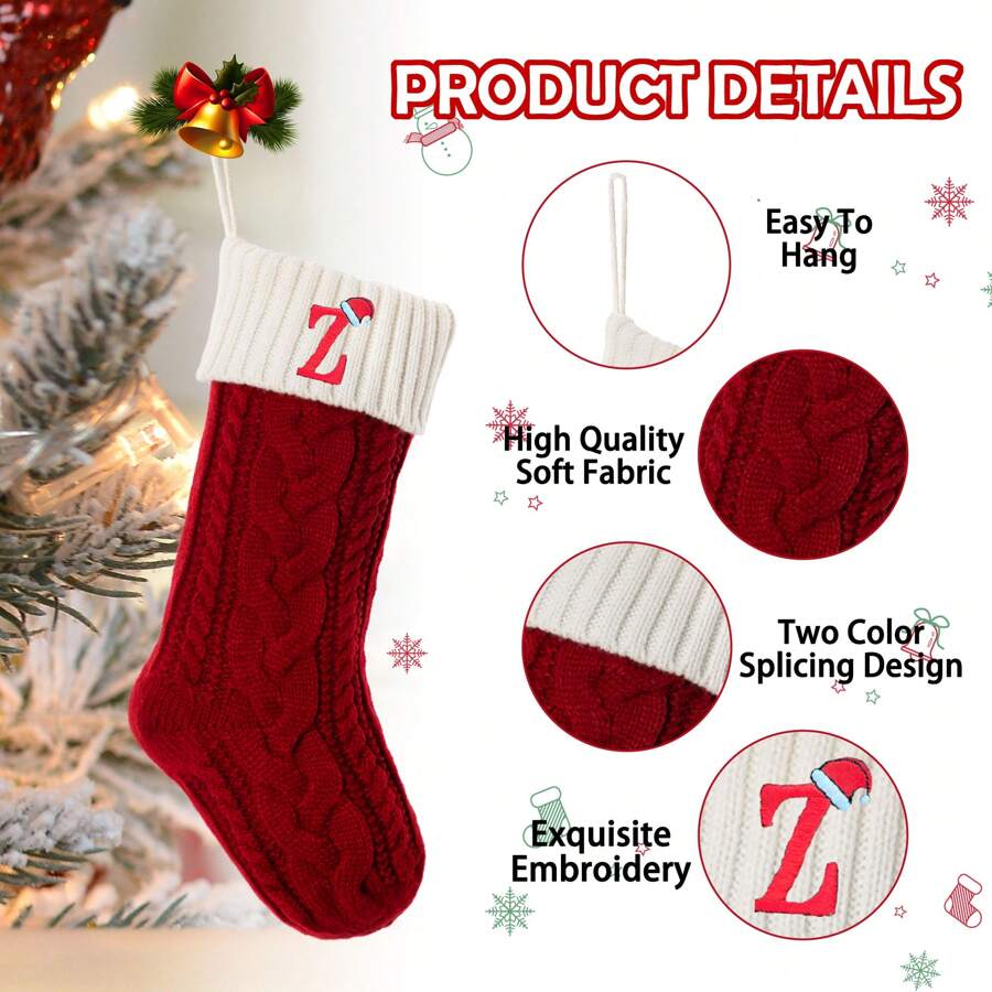 1PC Initial Stockings, 18'' Large Embroidered Monogram Knit Stocking ...