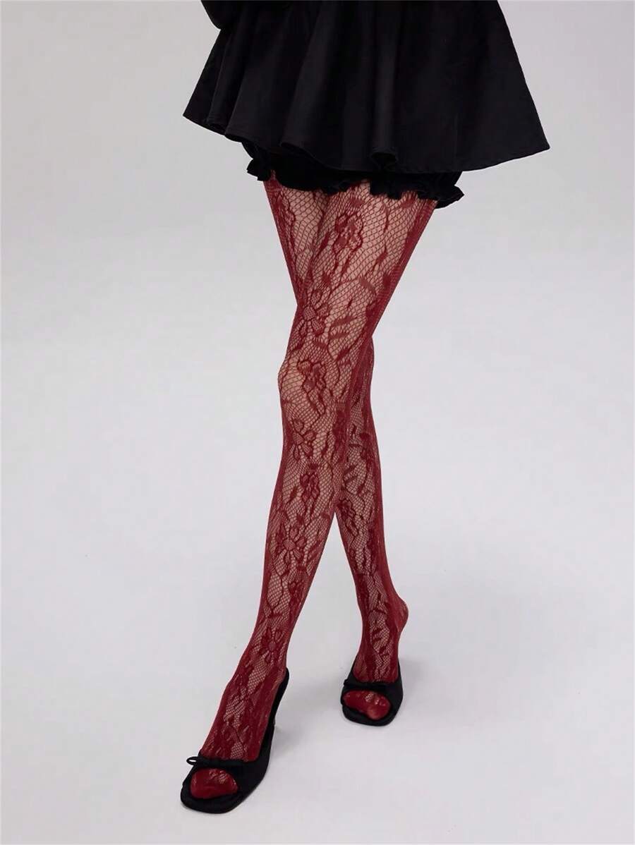 New Vintage French Style Rose Floral Pattern Sheer Tights, Brown ...