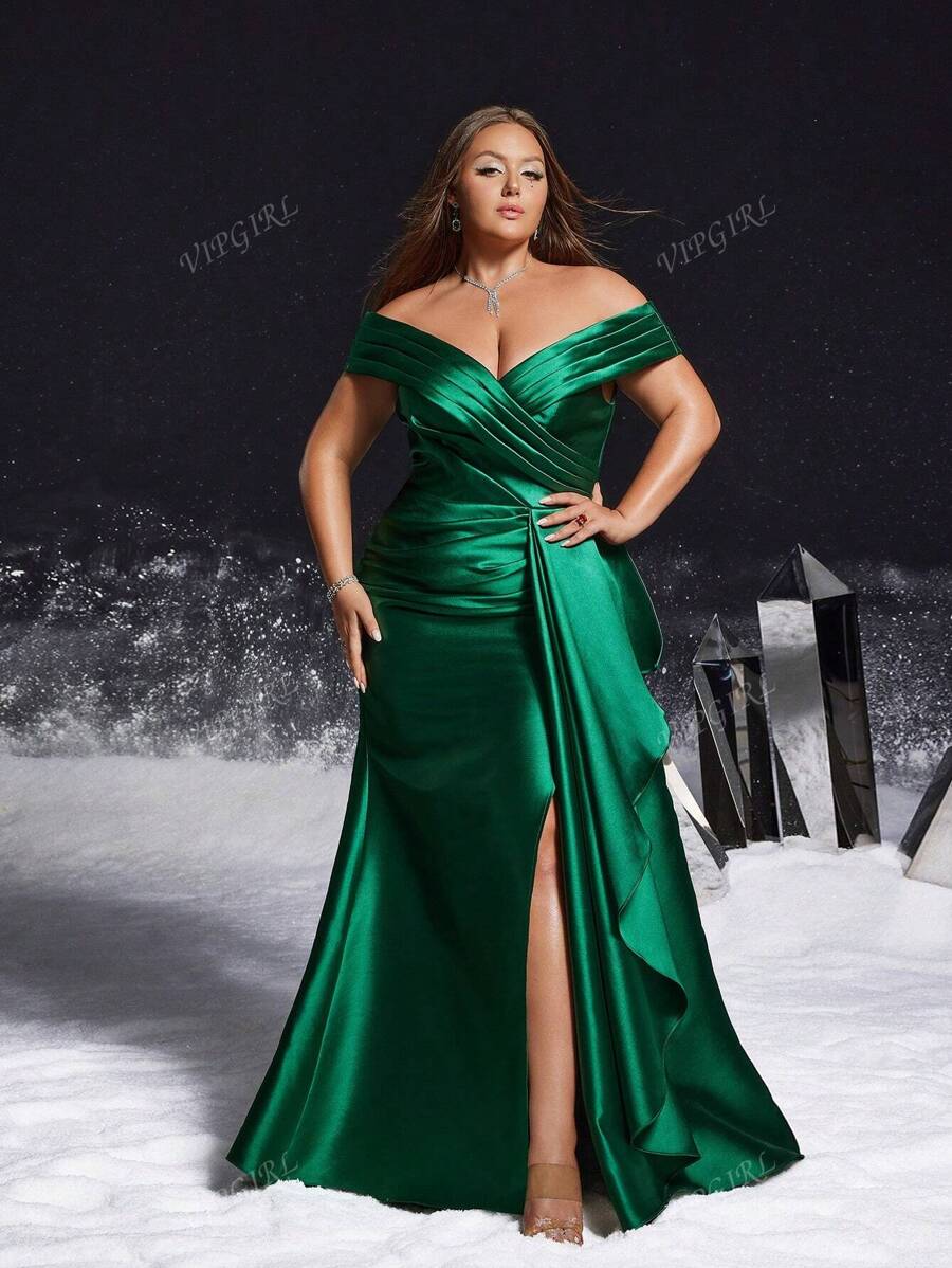 VIPGIRL Robe de soirée élégante en satin vert émeraude épaules-dénudées ...