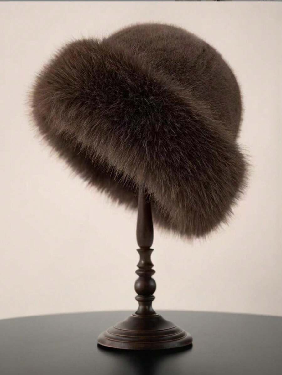 Women's Luxurious Fluffy Hat, LargeSize With Thick Faux Fox Fur Trim ...