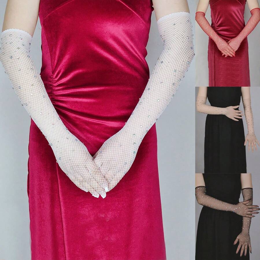 1 Pair Fishnet Mesh Rhinestone Elastic Long Gloves, Couples Cosplay ...