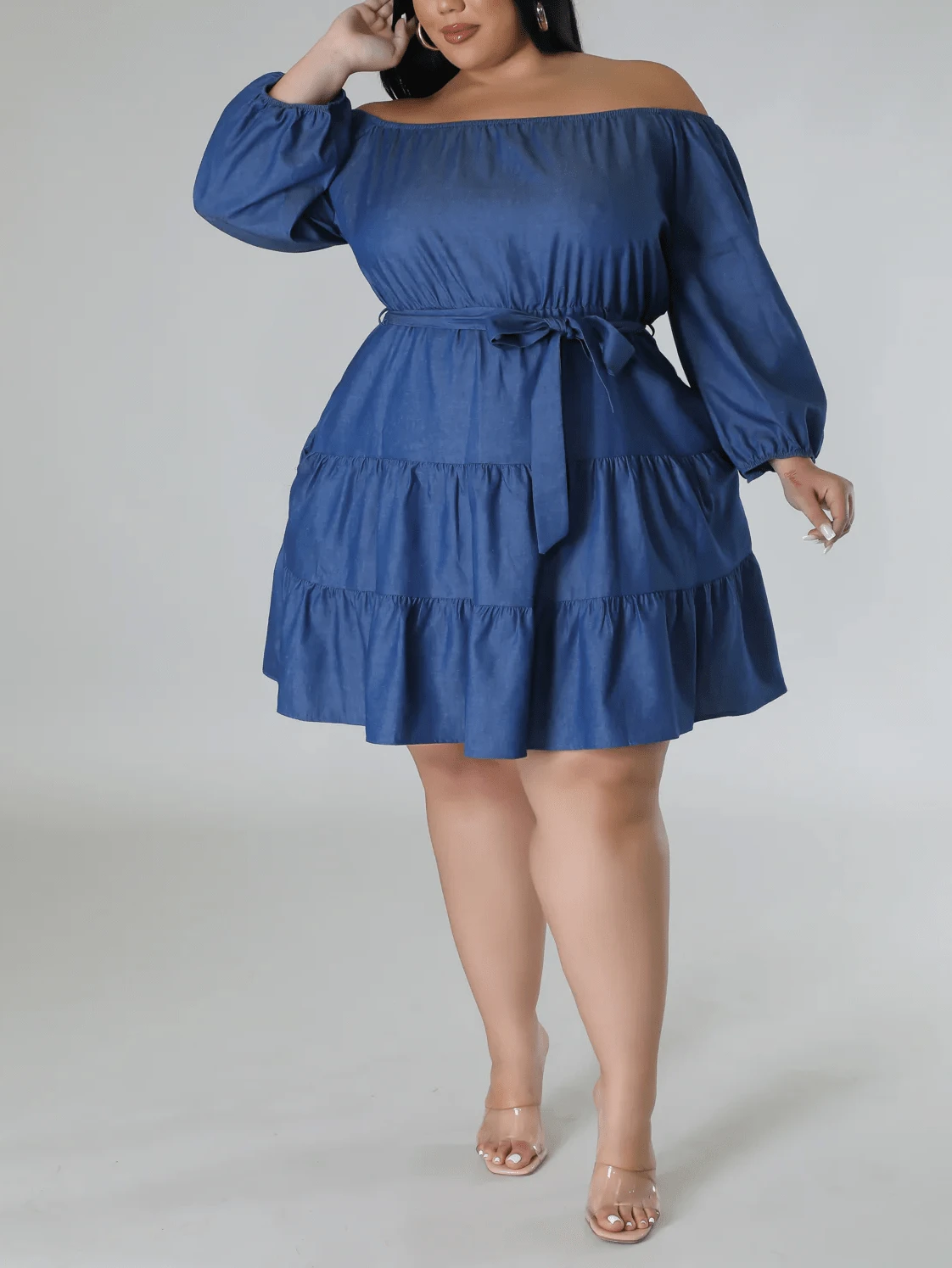 Plus Size Off-Shoulder Denim Dress - Tiered Mini Dress With Belt For A ...