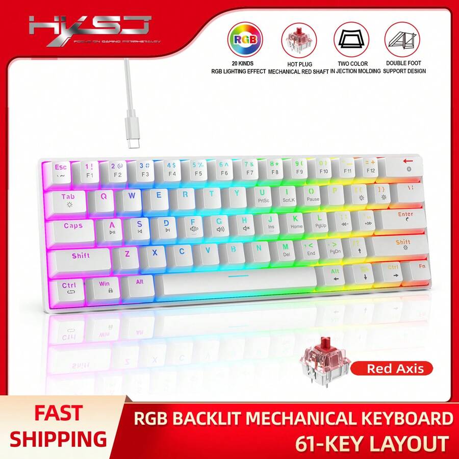 HXSJ HXSJ 1pc Wired 61-Key Mechanical Keyboard, RGB Backlit, USB-C ...