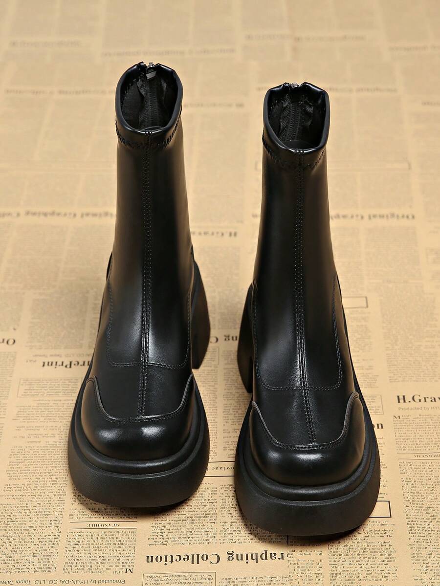 French Petite Thick Sole Platform Chunky Heel Boots, Round Toe ...