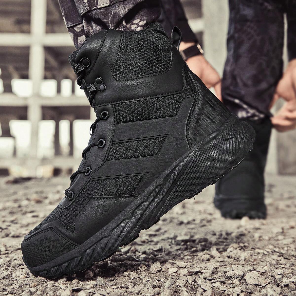 Men's Black High-Top Safety Boots, Round Toe Lace-Up, High Quality ...