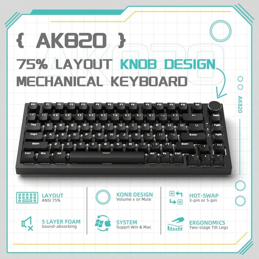 ATTACK SHARK ATTACK SHARK*Ajazz AK820 Mechanical Gaming Keyboard With Knob 75% Keyboard Hot ...